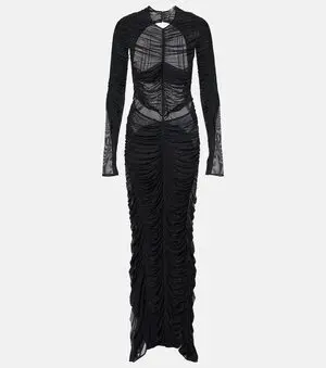 MUGLER Ruched Open-back Mesh Gown - Black