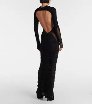 MUGLER Ruched Open-back Mesh Gown