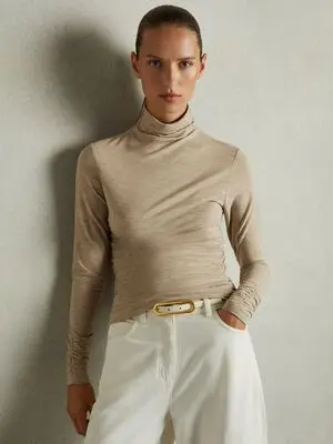 REISS Louisa Ruched Jersey Top With Wool - Neutral