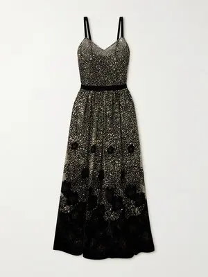 Loretta Caponi Primula Embellished Metallic Tulle Maxi Dress - Black