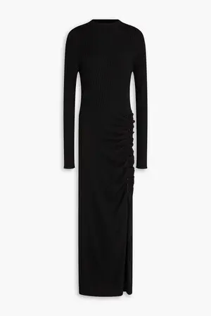 Sandro Ruched Ribbed Midi Dress - Black