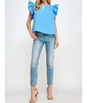 Strut & Bolt Flutter Ruffle Sleeve Poplin Top In Azure - Blue