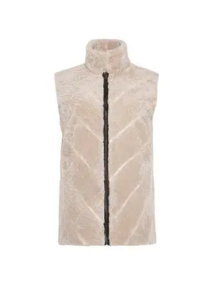 Gorski Textured Shearling Lamb Zip Vest Reversible To Taffeta Beige