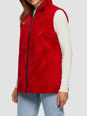 Gorski Textured Shearling Lamb Zip Vest Reversible To Taffeta - Red