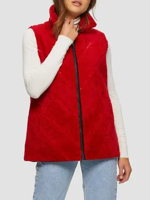 Gorski Textured Shearling Lamb Zip Vest Reversible To Taffeta - Red