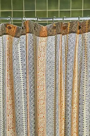 ANCHAL Floral Stripe Block Print Shower Curtain - Mustard