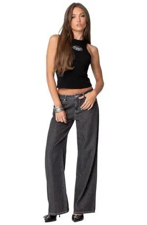 EDIKTED Pinstripe Low Rise Wide Leg Jeans