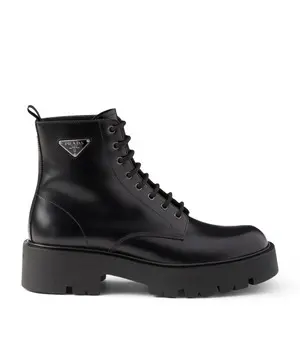 Prada Leather Logo Plate Lace-up Boots
