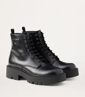 Prada Leather Logo Plate Lace-up Boots