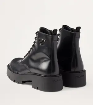 Prada Leather Logo Plate Lace-up Boots