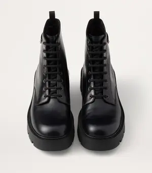 Prada Leather Logo Plate Lace-up Boots