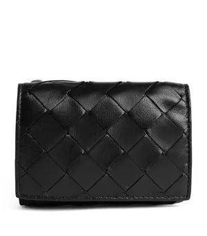 Bottega Veneta Leather Intrecciato Trifold Wallet - Gold