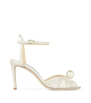 JIMMY CHOO Sacora 85 Lace Leather Peep-toe Sandals With Pearl Embellishment