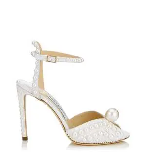 JIMMY CHOO Sacora 100 Pearl Embellished Satin Sandals - White