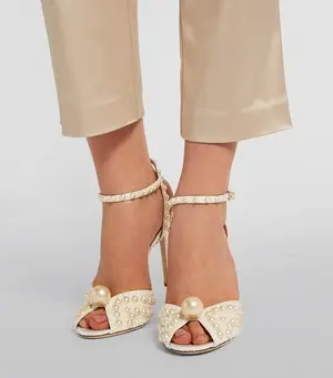 JIMMY CHOO Sacora 100 Pearl Embellished Satin Sandals - White