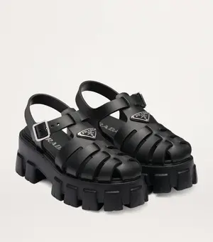 Prada Leather Monolith Platform Sandals - Black
