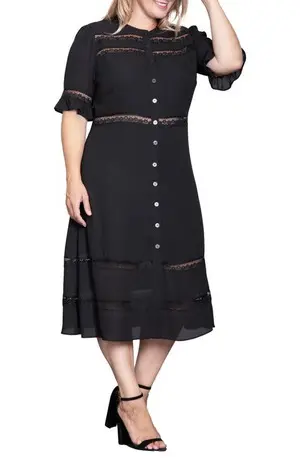 STANDARDS & PRACTICES Lace Inset Georgette Midi Dress - Black