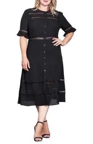 STANDARDS & PRACTICES Lace Inset Georgette Midi Dress - Black