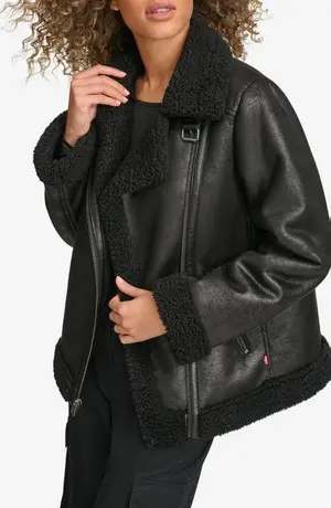 LEVI'S Faux Shearling Lined Faux Leather Moto Jacket - Black