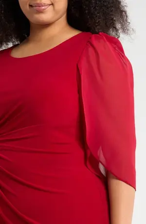 CONNECTED APPAREL Chiffon Sleeve Faux Wrap Dress - Crimson
