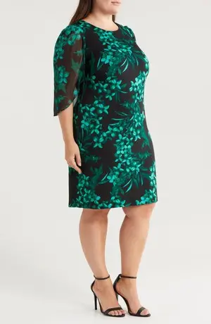CONNECTED APPAREL Floral Chiffon Sleeve Sheath Dress