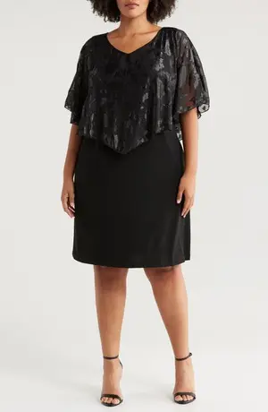 CONNECTED APPAREL Floral Jacquard Cape Overlay Cocktail Dress