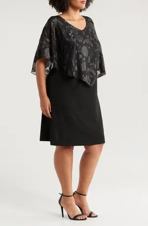 CONNECTED APPAREL Floral Jacquard Cape Overlay Cocktail Dress