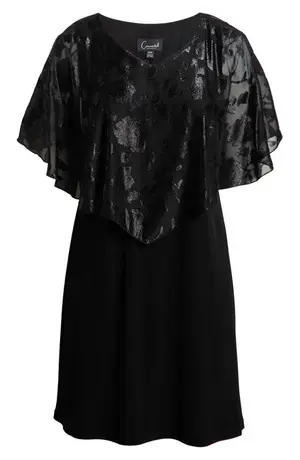 CONNECTED APPAREL Floral Jacquard Cape Overlay Cocktail Dress
