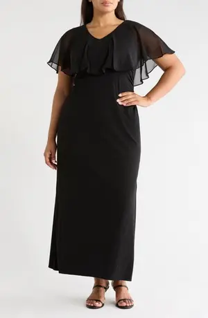CONNECTED APPAREL Chiffon Flutter Sleeve Gown - Black
