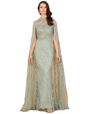 LARA NEW YORK High Neck Gown With Long Cape Sleeves - Grey