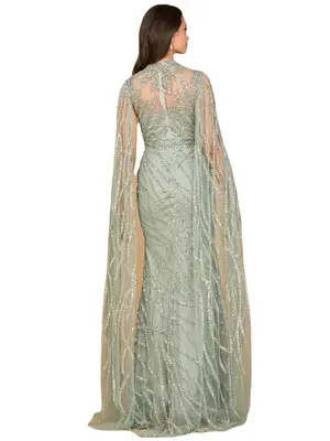 LARA NEW YORK High Neck Gown With Long Cape Sleeves - Grey