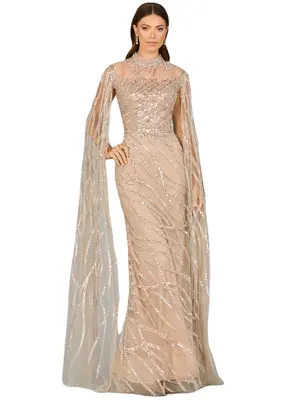 LARA NEW YORK LARA New York High Neck Gown With Long Cape Sleeves Nude