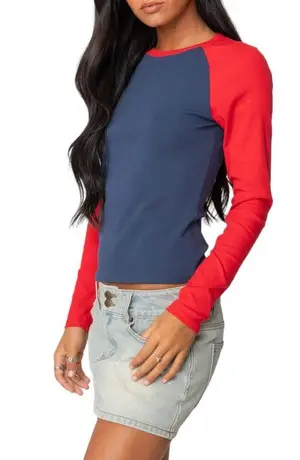 EDIKTED Tommi Stretch Cotton Baseball T-shirt - Navy-and-red