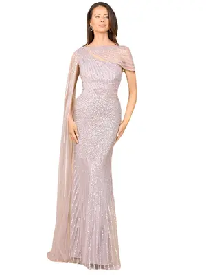 LARA NEW YORK One Shoulder Metallic Gown With Cape Effect - Purple