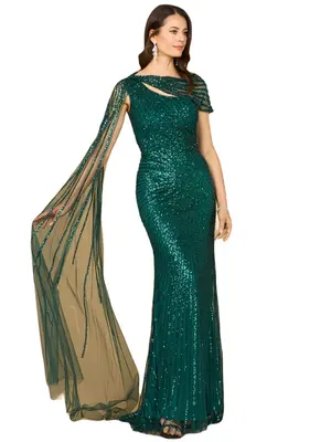 LARA NEW YORK One Shoulder Metallic Gown With Cape Effect - Teal