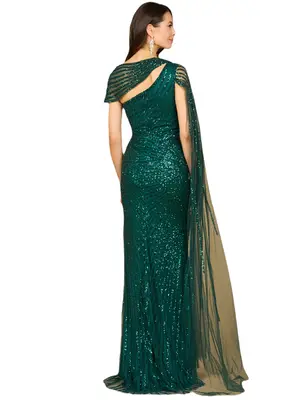 LARA NEW YORK One Shoulder Metallic Gown With Cape Effect - Teal