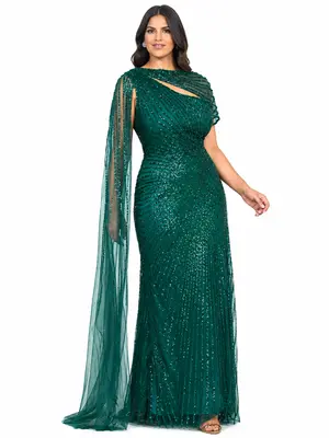 LARA NEW YORK One Shoulder Metallic Gown With Cape Effect - Teal