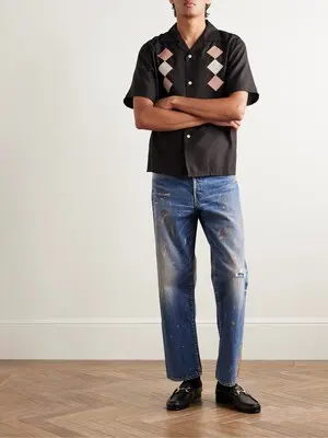 Visvim Keesey Convertible-collar Embroidered Appliquéd Silk-shantung Shirt