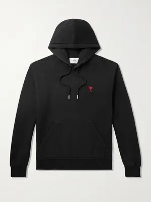 AMI Paris Logo-embroidered Cotton-jersey Hoodie - Black