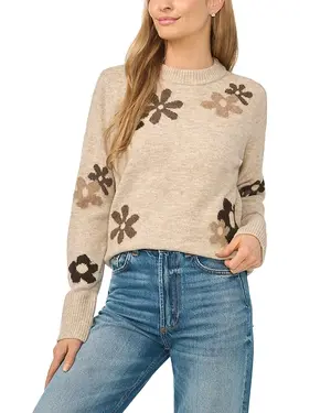 CECE DUPRAZ Floral Knit Pullover Sweater - Oatmeal Combo