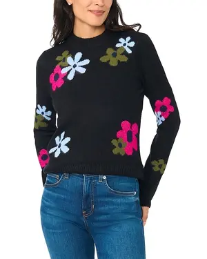 CECE DUPRAZ CeCe Floral Knit Pullover Sweater Rich Black