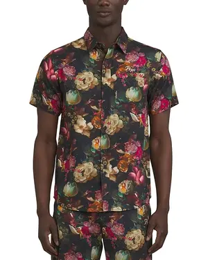 PRPS Gold Finch Floral Pattern Short Sleeve Button Down Shirt - Black