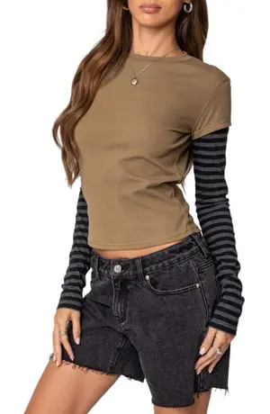 EDIKTED Eliana Layered T-shirt - Olive