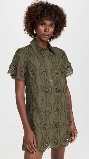 English Factory Scallop Embroidered Mini Dress - Olive