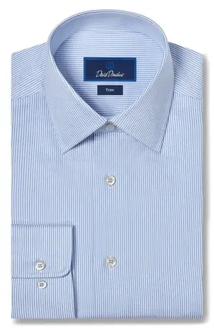 David Donahue Trim Fit Stripe Cotton Twill Dress Shirt - Navy/white