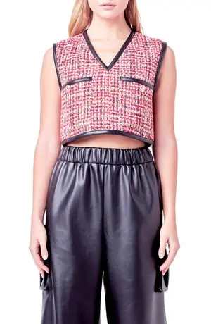 English Factory Faux Leather Trim Crop Tweed Vest - Red Multi