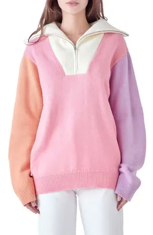 English Factory Colorblock Half Zip Sweater - Pink Multi