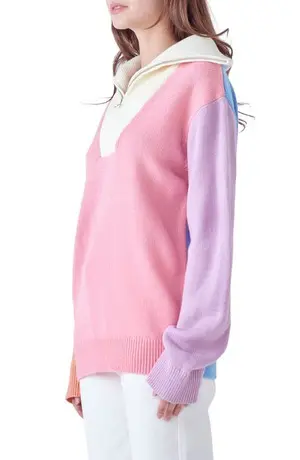 English Factory Colorblock Half Zip Sweater - Pink Multi