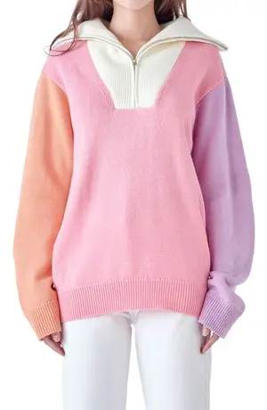 English Factory Colorblock Half Zip Sweater - Pink Multi