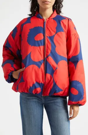 Marimekko Unikko Lightweight Padded Bomber Jacket In Red Blue - 60 